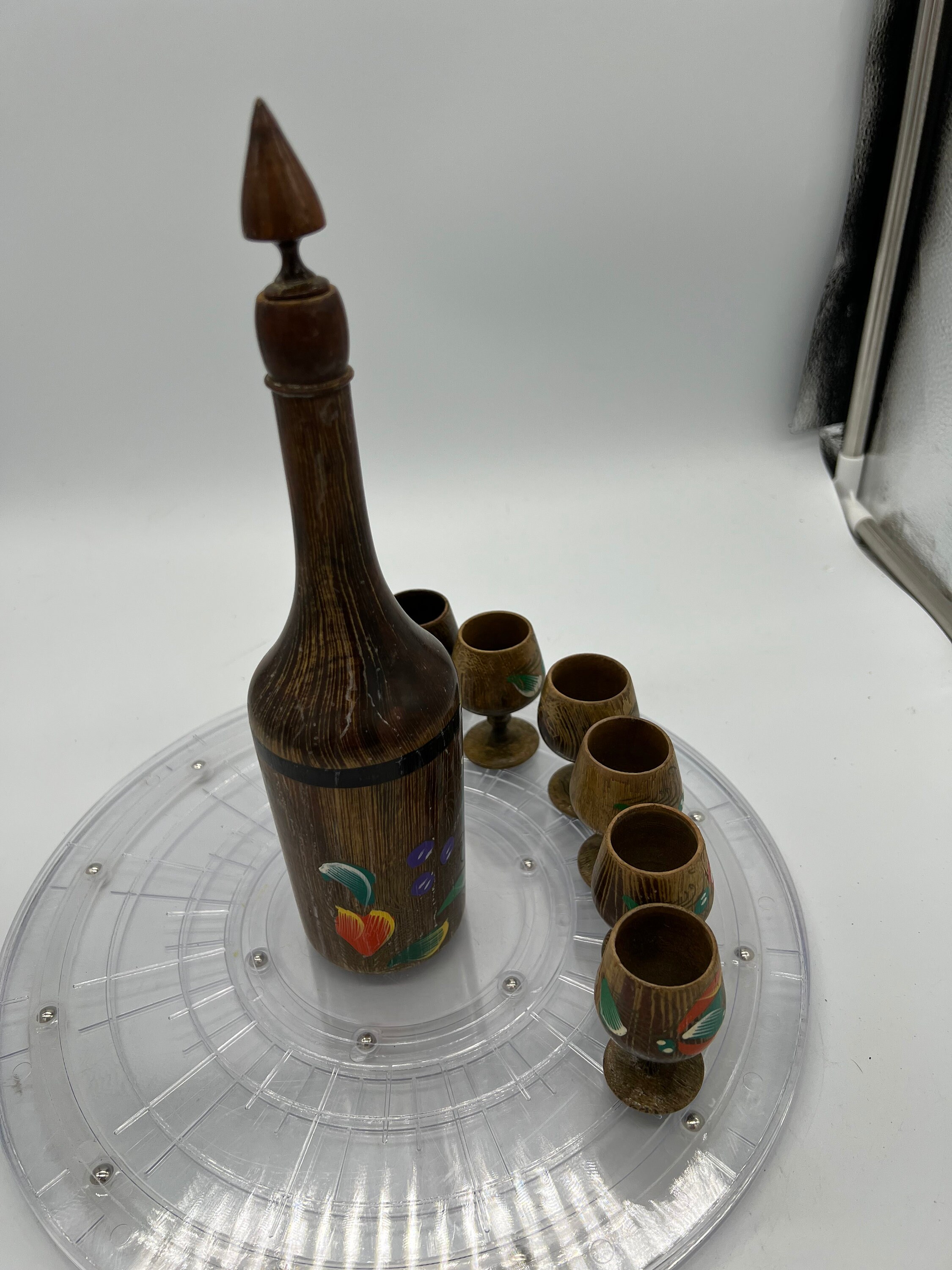 Antique Wood Decanter With 6 Mini Wood Goblets Handpainted - Etsy