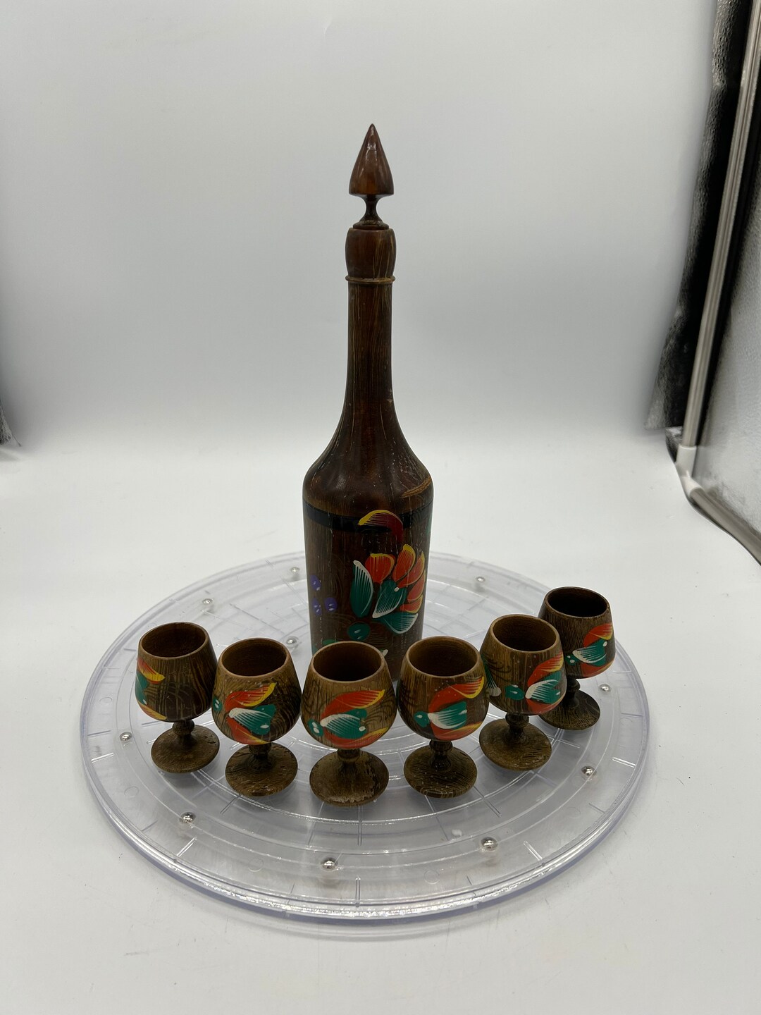 Antique Wood Decanter With 6 Mini Wood Goblets Handpainted! - Etsy