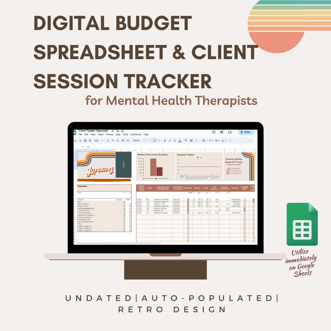 Mental Health Therapist Client Session Tracker Spreadsheet II, Private ...