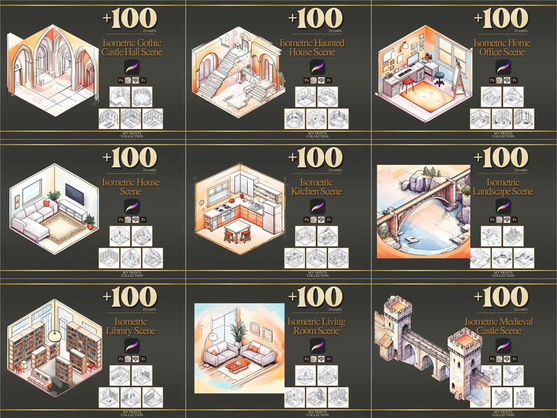 Isometric Scenes Procreate Stamps & Photoshop Brushes Collection ...