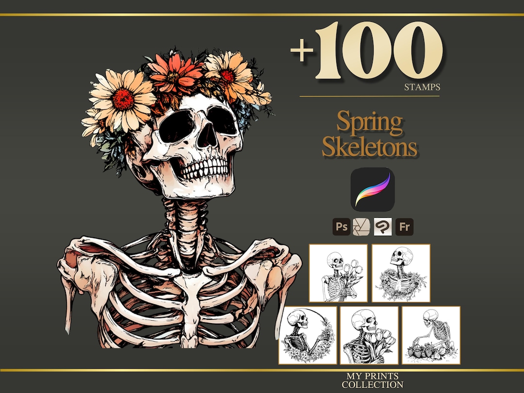 Spring Skeleton Realistic Halloween Procreate Stamps & Photoshop ...