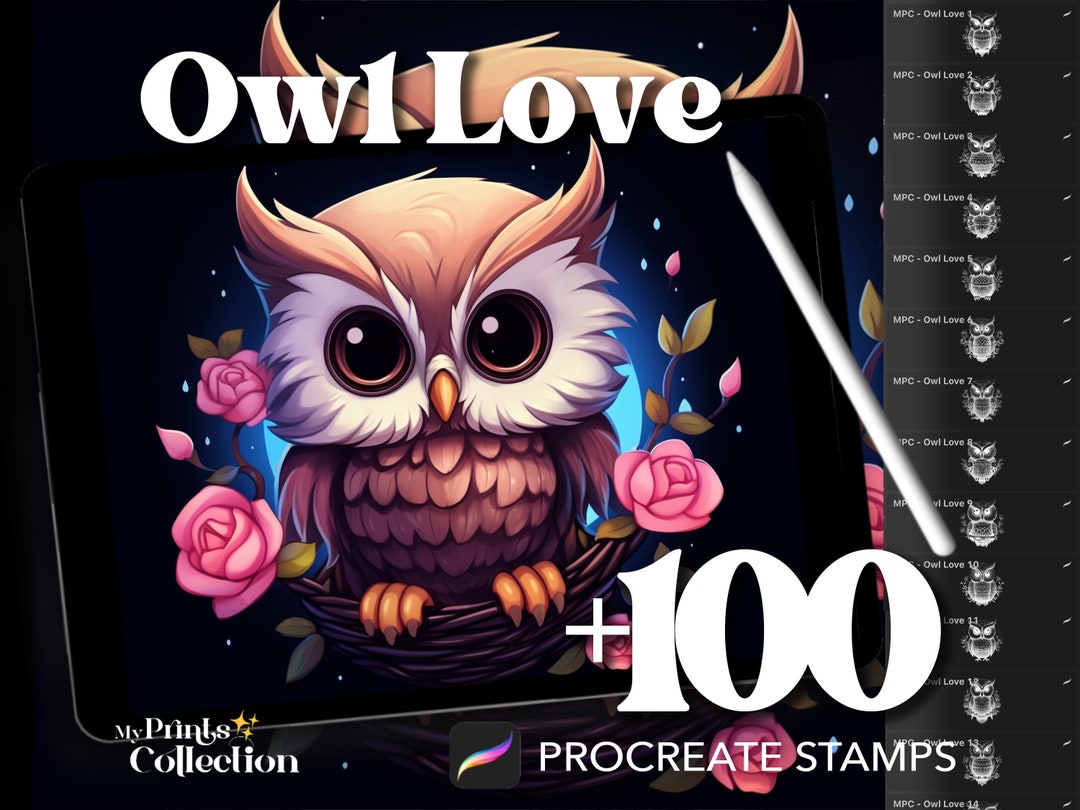 100+ Procreate Owl Love Stamps, Animal Bird Valentines Day Love Romantic Linear Art, Digital ...