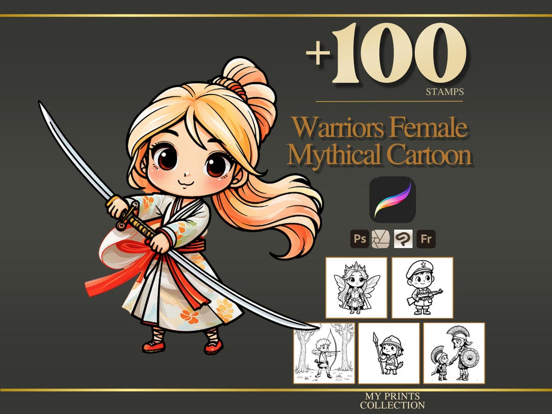 Female Mythical Warrior Cartoon Procreate Stamps & Photoshop Brushes ...
