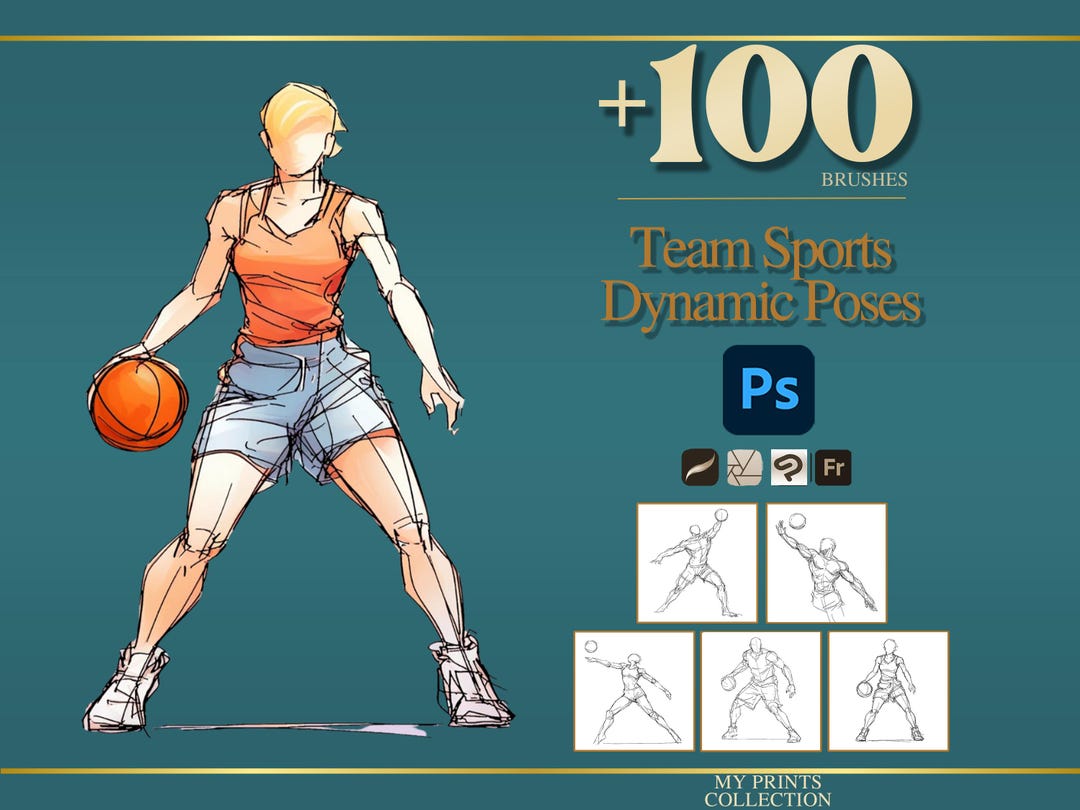 Team Sports Dynamic Poses Photoshop Brushes & Procreate Stamps – 100 ...