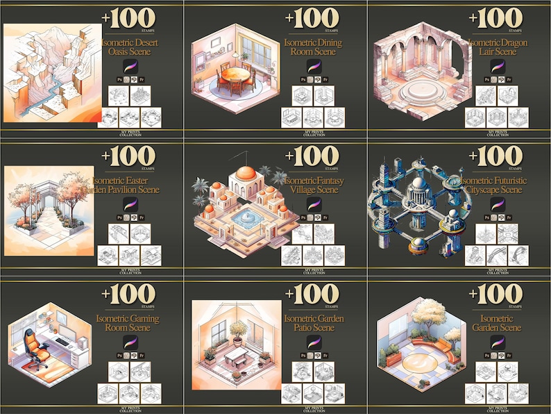 Isometric Scenes Procreate Stamps & Photoshop Brushes Collection ...