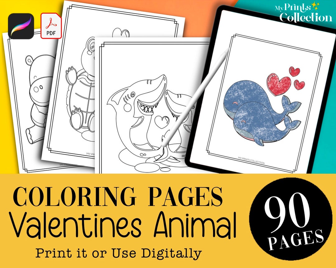 90 Cute Animals Valentines Coloring Pages Printable PDF + Procreate ...