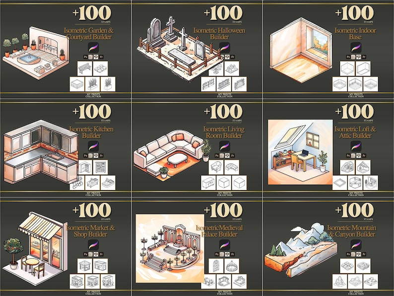 Isometric Builder Procreate Stamps & Photoshop Brushes Collection ...