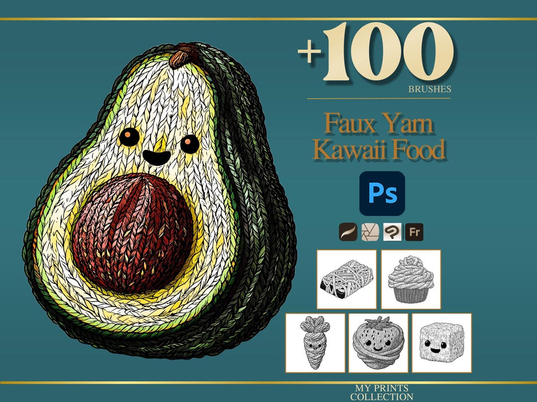 Faux Yarn Kawaii Food Photoshop Brushes & Procreate Stamps – 100 ...