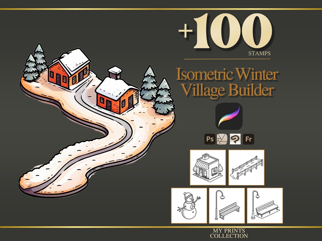 Isometric Winter Village Builder Procreate Stamps & Photoshop Brushes ...