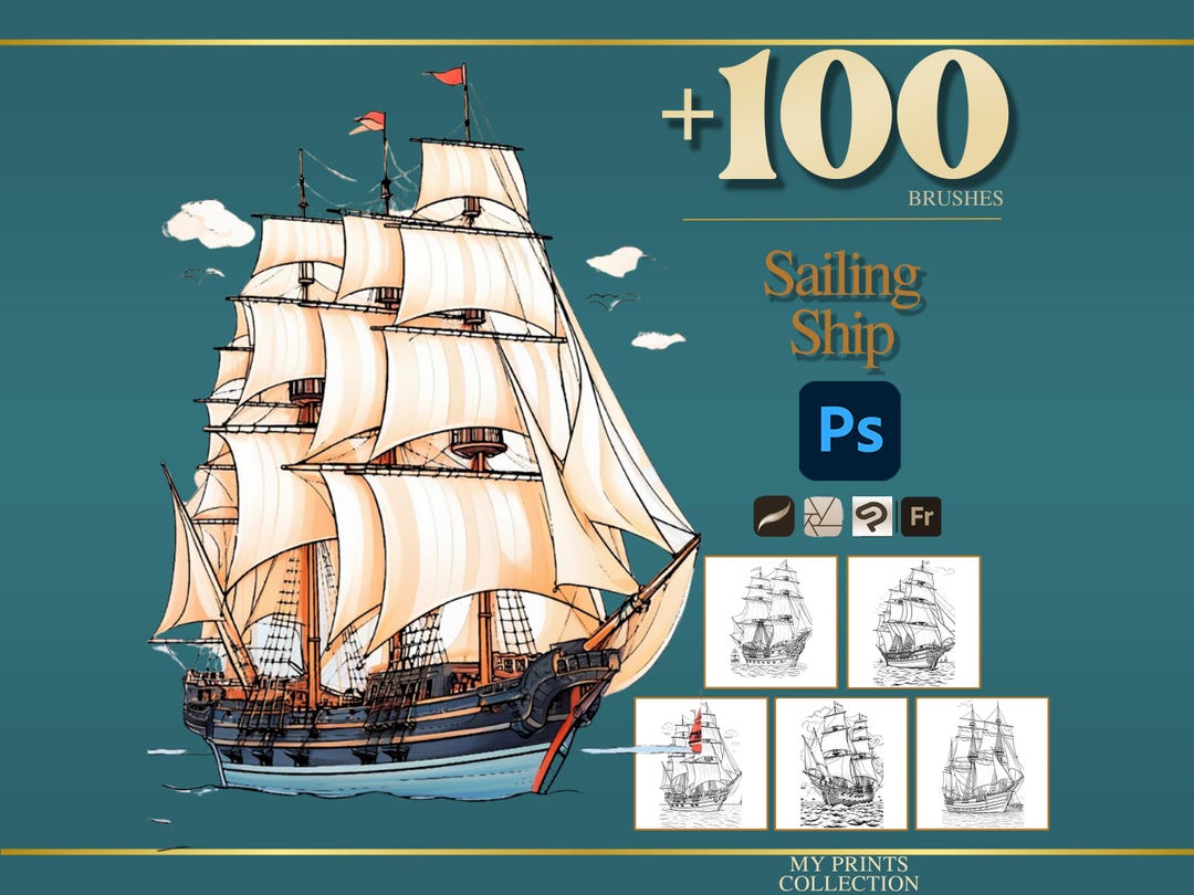 Sailing Ship Photoshop Brushes & Procreate Stamps – 100+ Place House ...