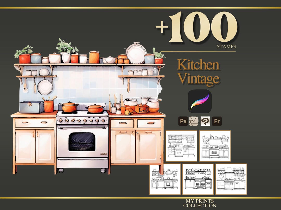 Kitchen Vintage Procreate Stamps & Photoshop Brushes – 100+ Interior ...