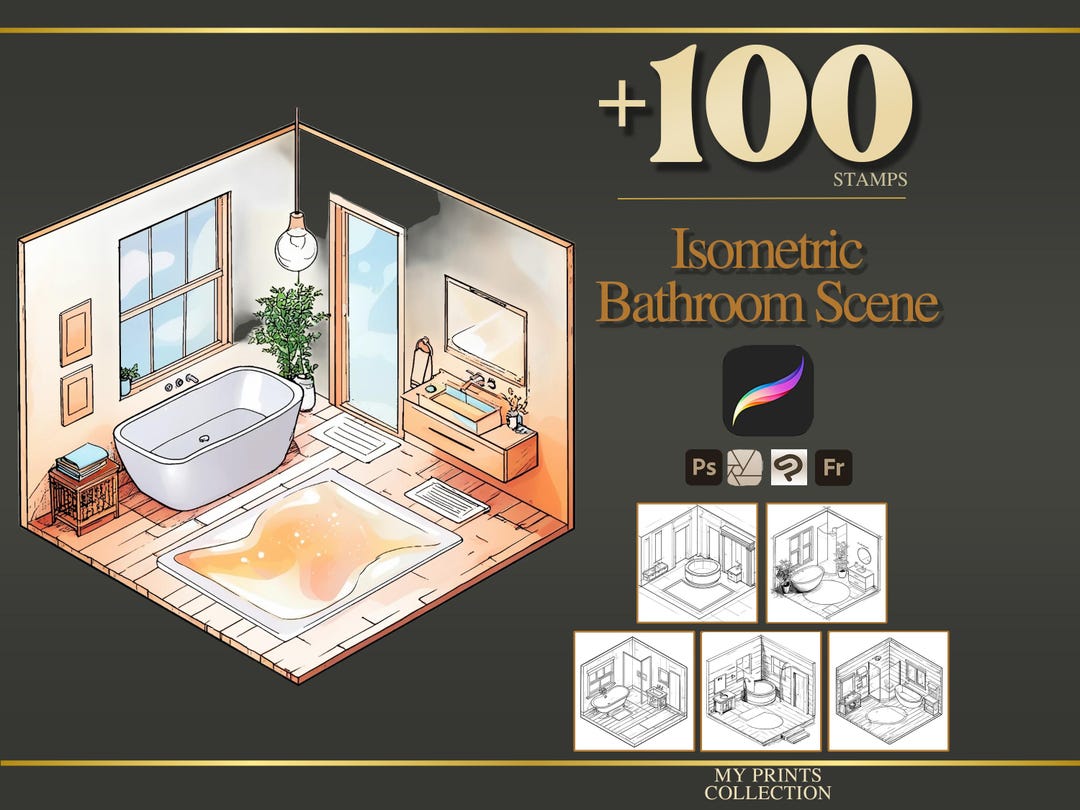 Isometric Bathroom Scene Procreate Stamps & Photoshop Brushes – 100 ...
