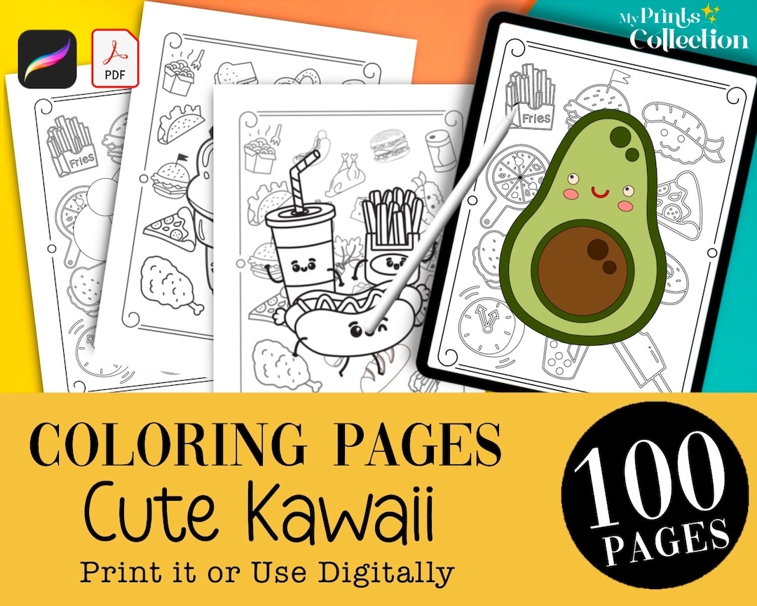 100 Cute Kawaii Food Coloring Book Pages, PDF Printable, Procreate ...