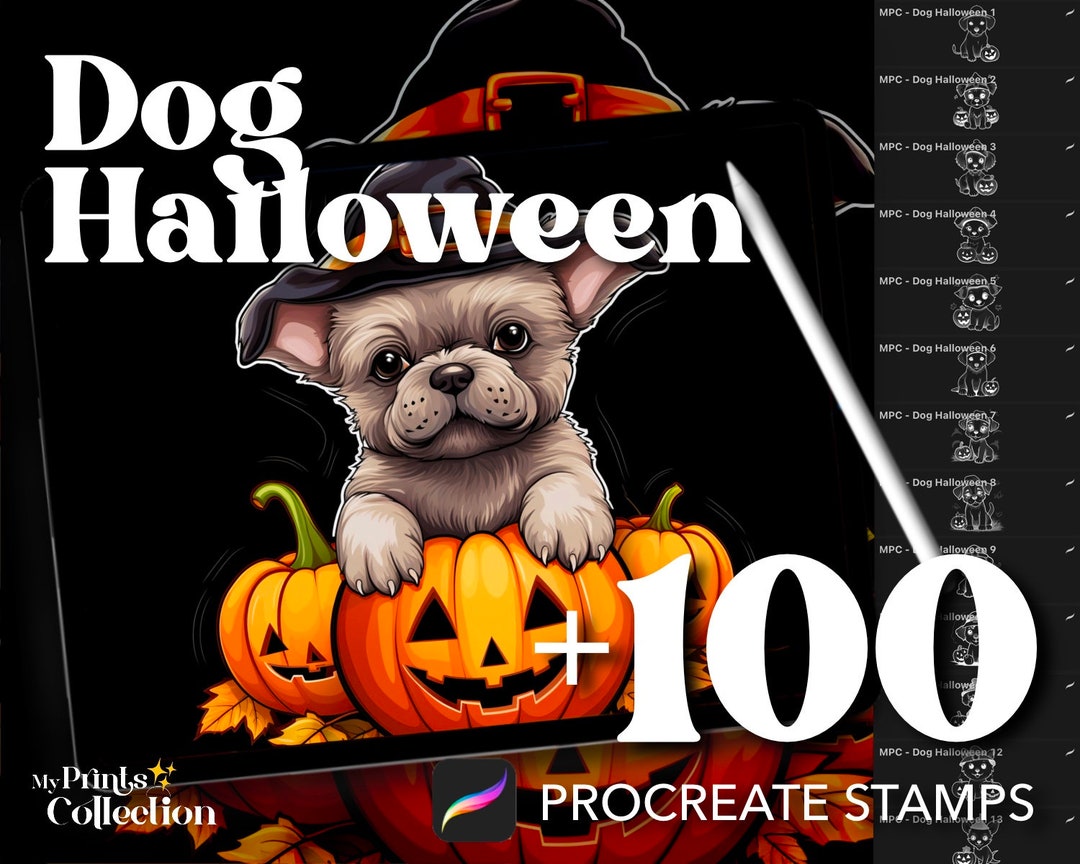 100+ Procreate Dog Halloween Stamps, Cute Puppy Animal Hat and Pumpkin ...