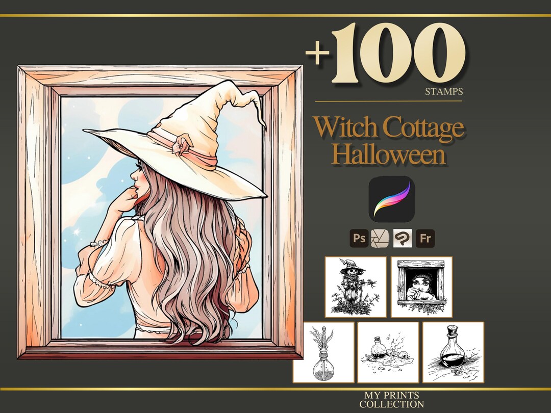 Witch Cottage Realistic Halloween Procreate Stamps & Photoshop Brushes ...