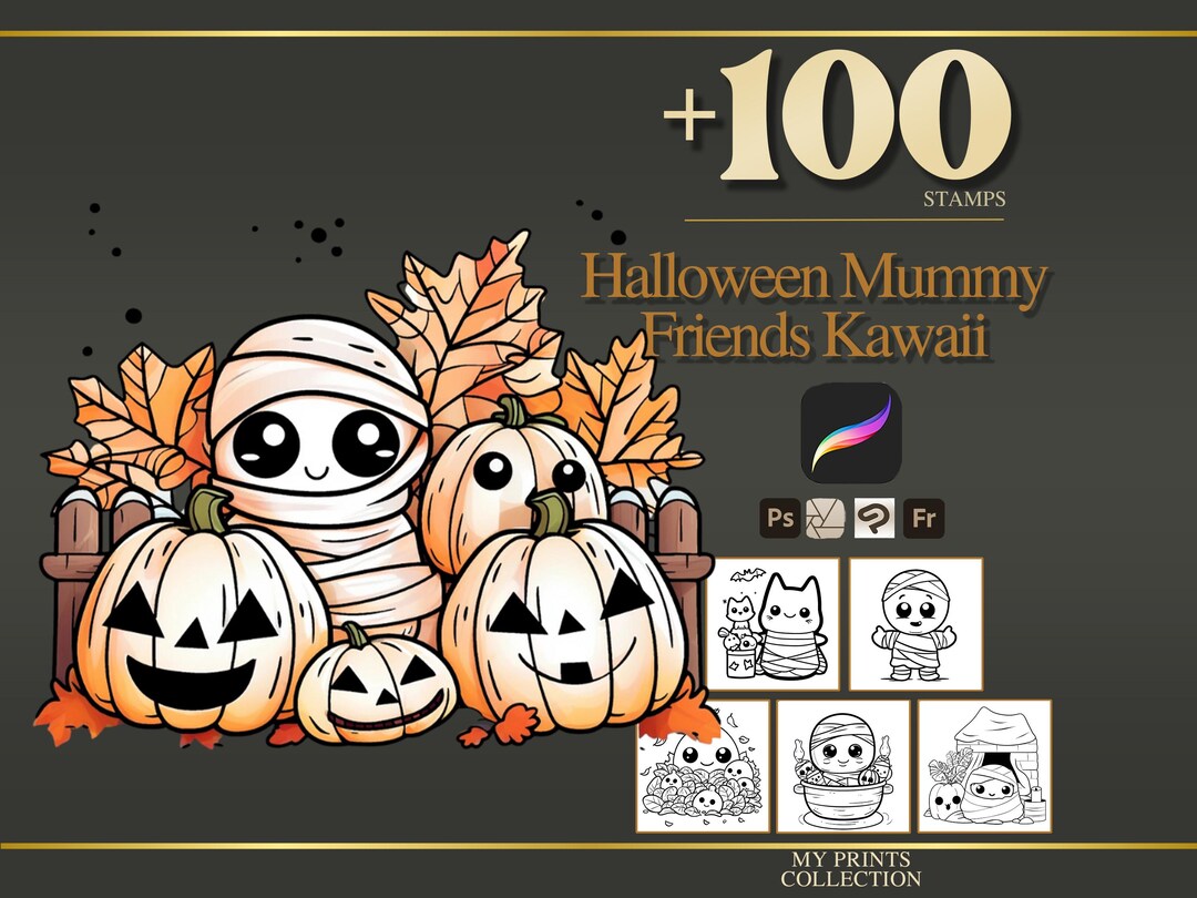 Mummy Friends Kawaii Halloween Procreate Stamps & Photoshop Brushes ...
