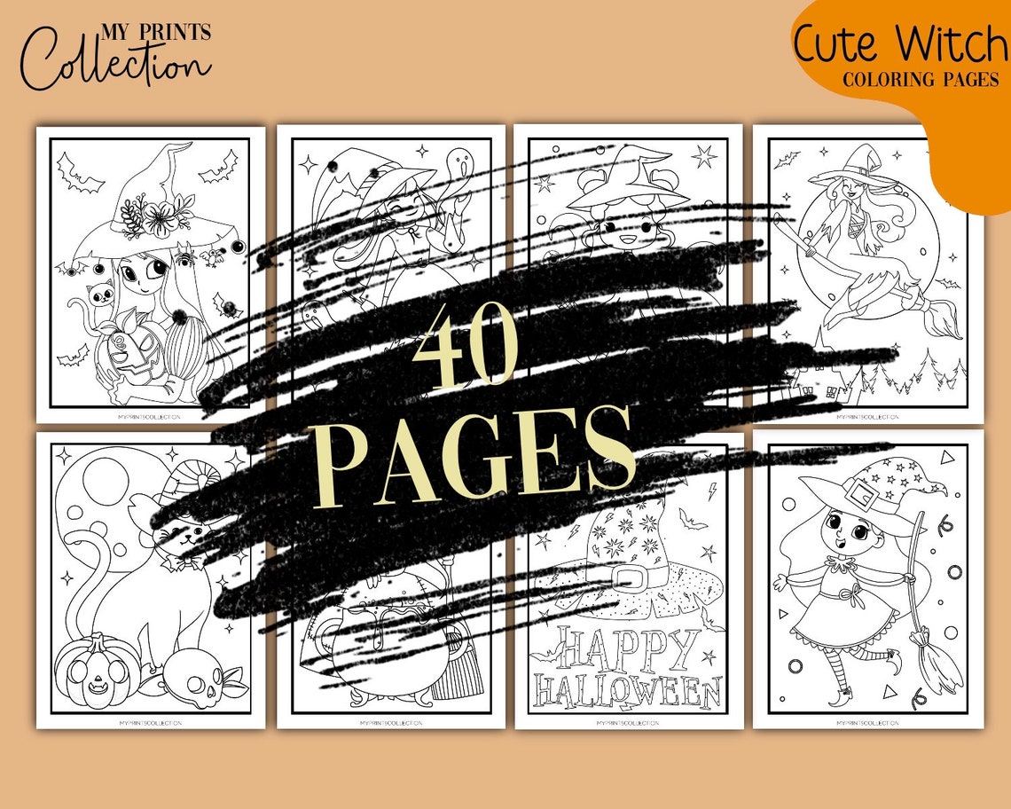 40 Cute Creepy Witch Halloween Coloring Sheet Pages Book PDF - Etsy