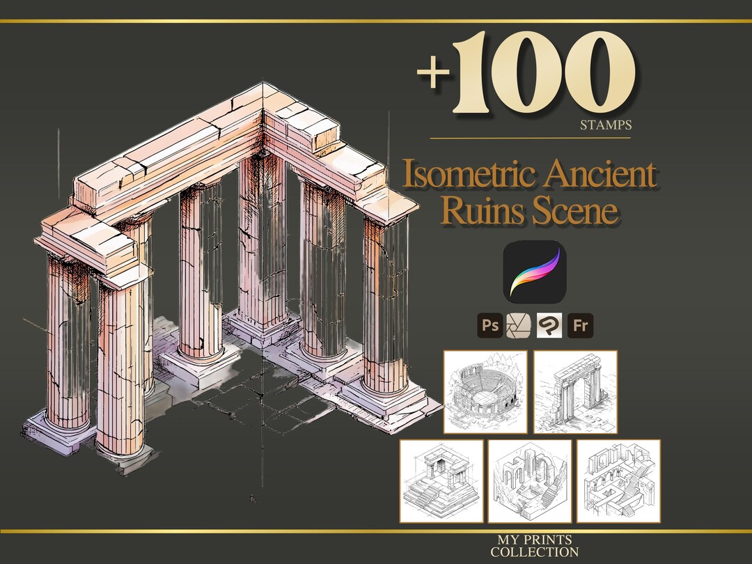 Isometric Ancient Ruins Scene Procreate Stamps & Photoshop Brushes ...