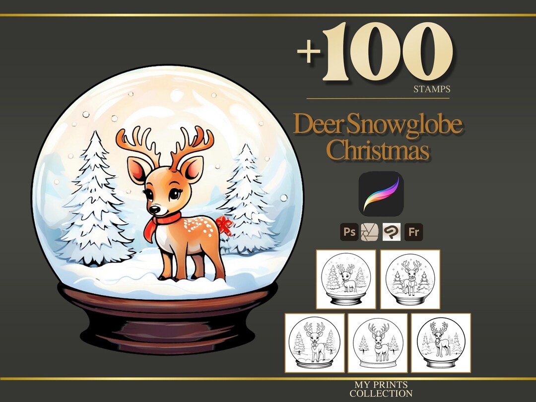 Deer Snowglobe Christmas Procreate Stamps & Photoshop Brushes – 100 ...