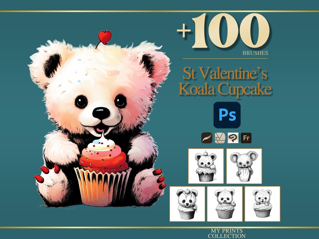 St Valentines Koala Cupcake Photoshop Brushes & Procreate Stamps – 100 ...