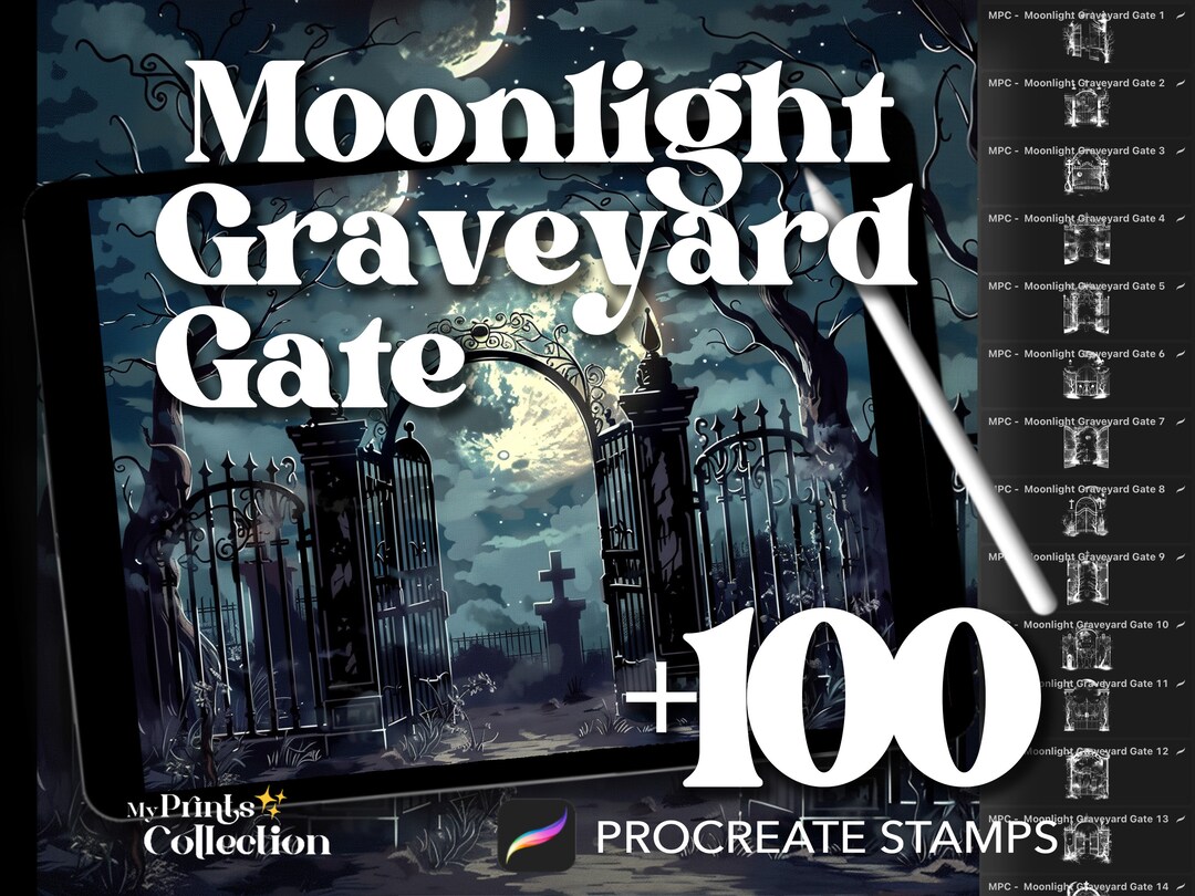 100+ Moonlight Graveyard Gate Procreate Stamps - Spooky Halloween ...