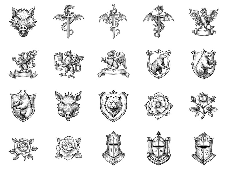 Coat of Arms Medieval PNG Bundle – 100+ Woodcut Cricut & Silhouette ...