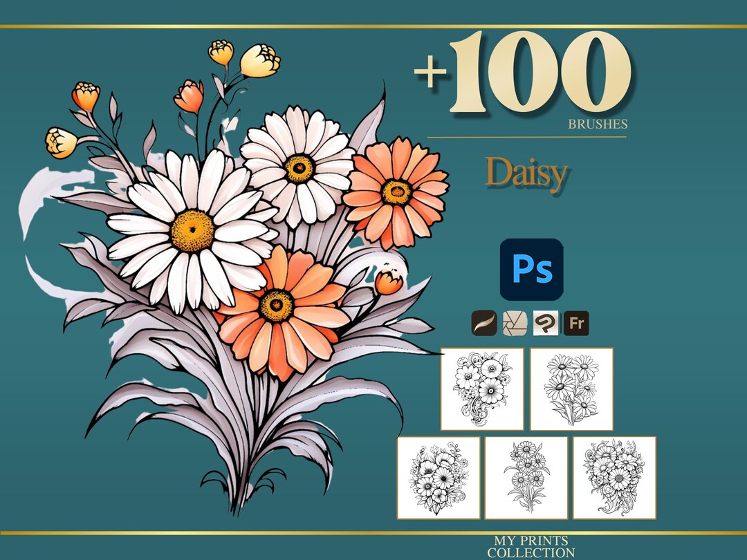 Daisy Photoshop Brushes & Procreate Stamps – 100+ Flower Botanical ...