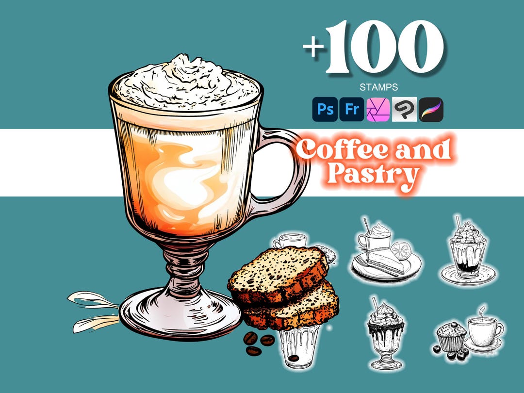 100+ Coffee and Pastry Photoshop Brushes & Procreate Stamps Set, Tattoo ...