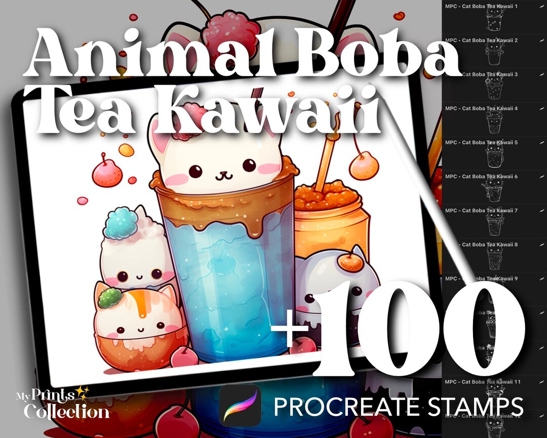100+ Procreate Animal Boba Tea Kawaii Stamps, Drink Beverage Bubble Cat ...
