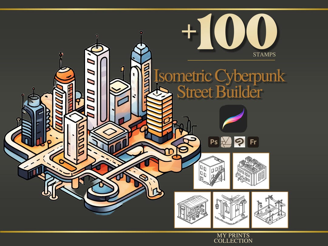 Isometric Cyberpunk Street Builder Procreate Stamps & Photoshop Brushes ...