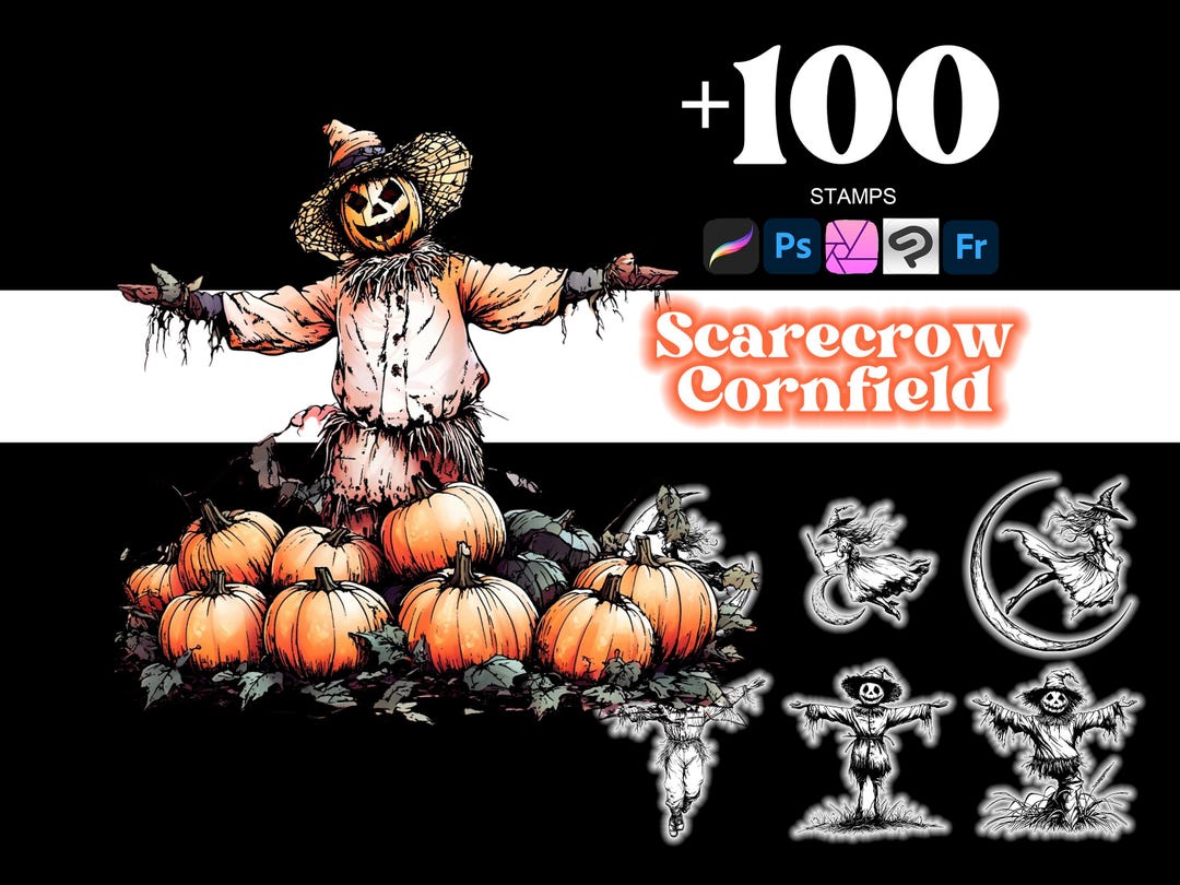 100+ Scarecrow Cornfield Realistic Halloween Procreate Stamps Set ...