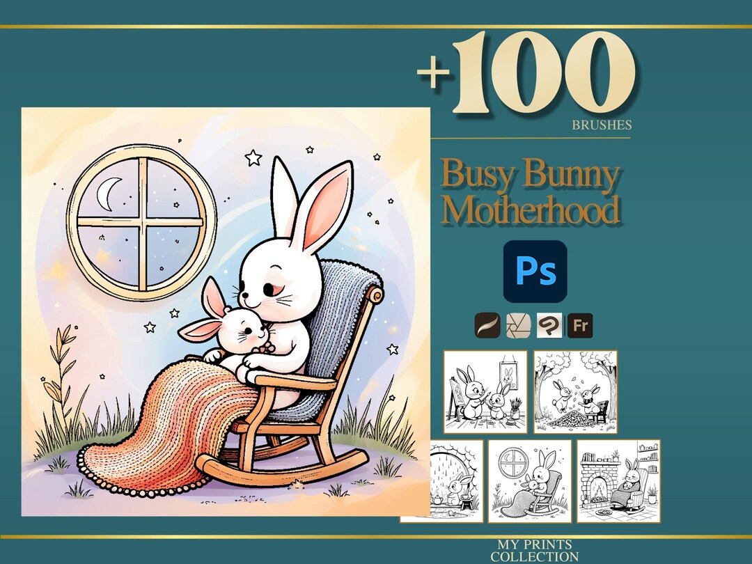 Busy Bunny Motherhood Photoshop Brushes & Procreate Stamps – 100+ Bold ...