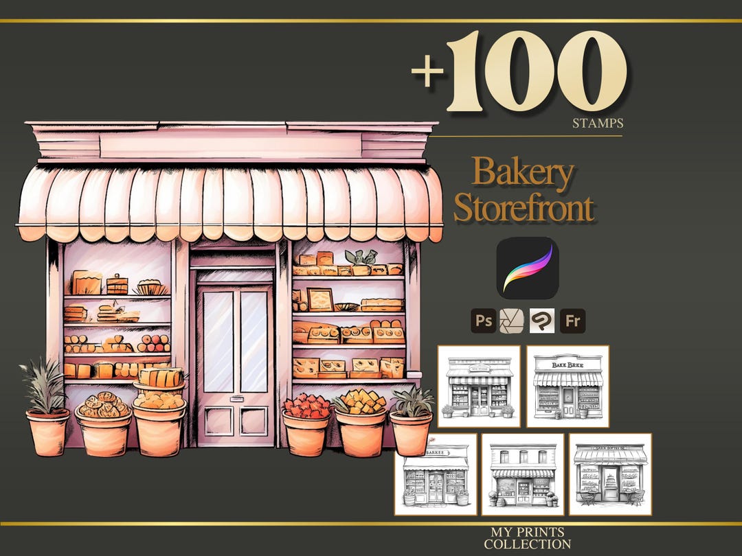 Bakery Storefront Procreate Stamps & Photoshop Brushes – 100+ Interior ...