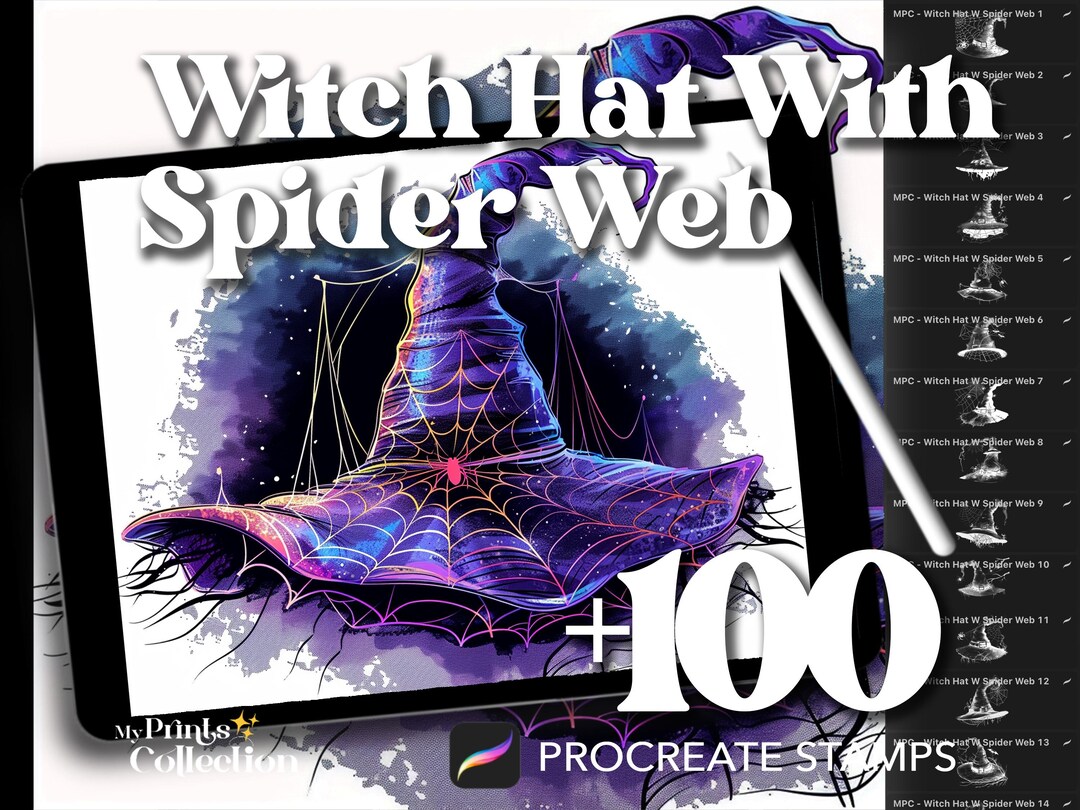 100 Procreate Witch Hat With Spider Web Stamps, Halloween Spooky Horror ...