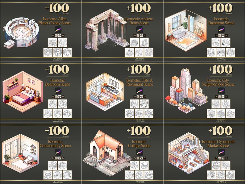 Isometric Scenes Procreate Stamps & Photoshop Brushes Collection ...