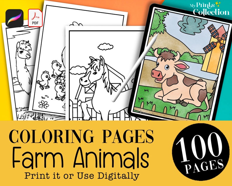 100 Farm Animals Coloring Pages Printable PDF + Procreate Digital ...