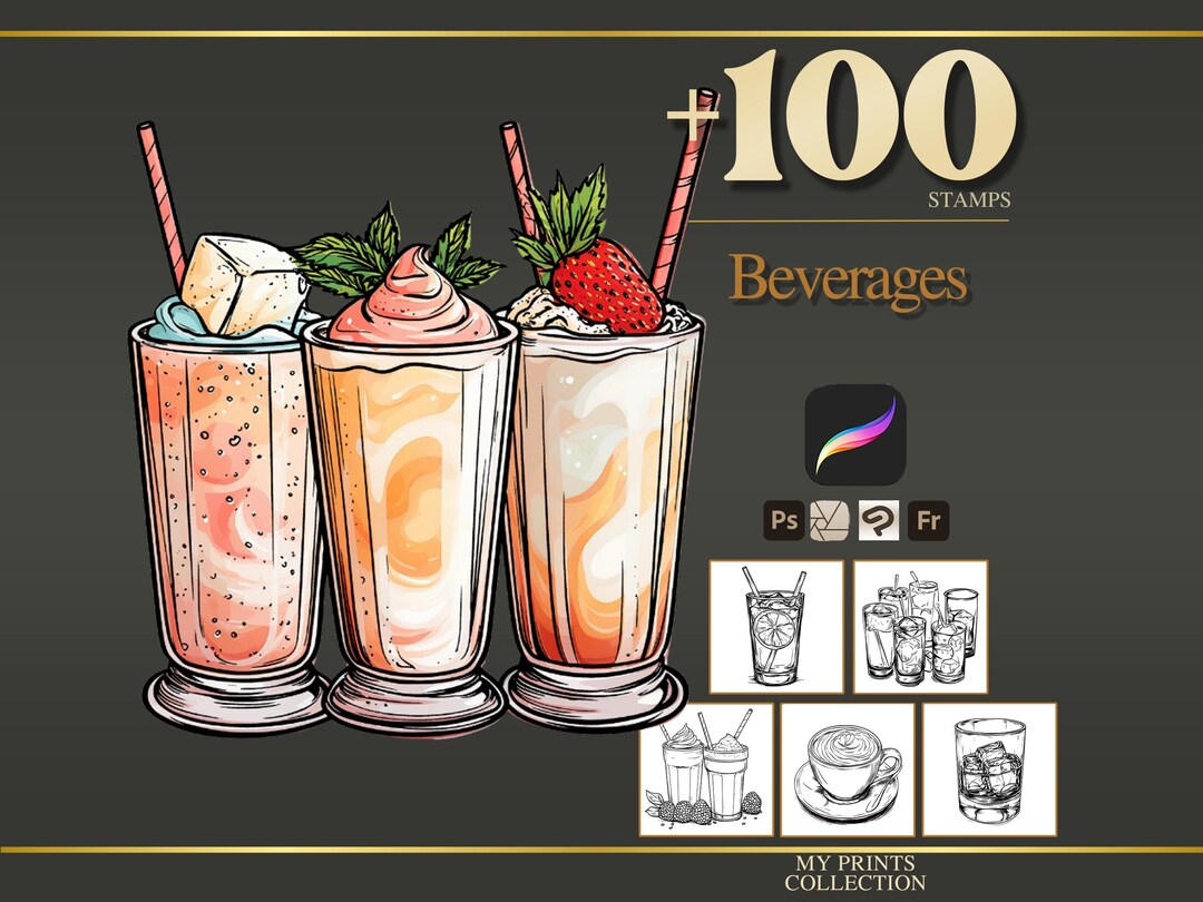 Beverages Procreate Stamps & Photoshop Brushes – 100+ Food Beverage ...