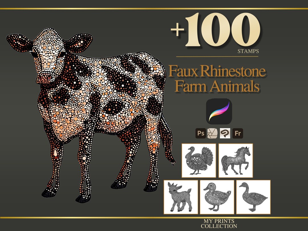 Faux Rhinestone Farm Animals Procreate Stamps & Photoshop Brushes – 100 ...