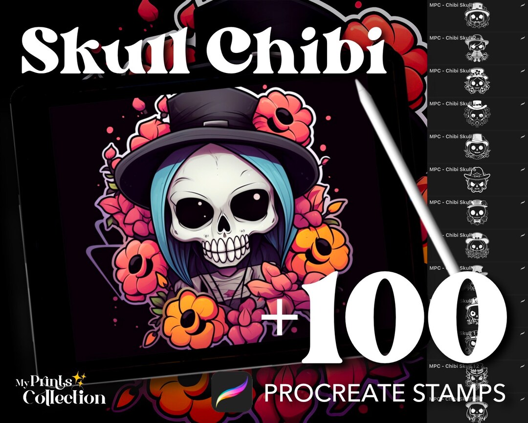 100+ Procreate Chibi Skull Stamps, Cute Halloween Playful Skull Bone ...