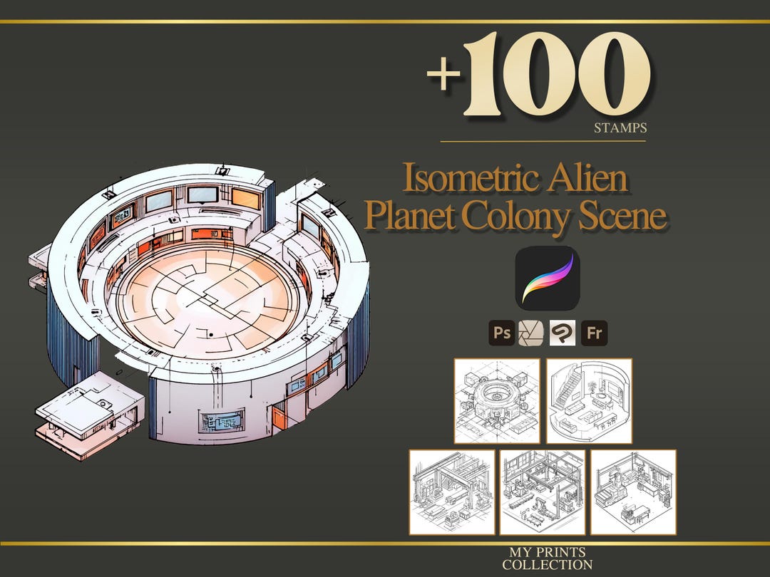Isometric Alien Planet Colony Scene Procreate Stamps & Photoshop ...