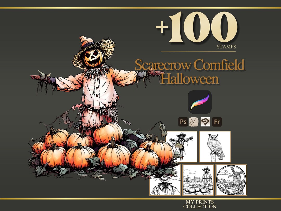Scarecrow Cornfield Realistic Halloween Procreate Stamps & Photoshop ...