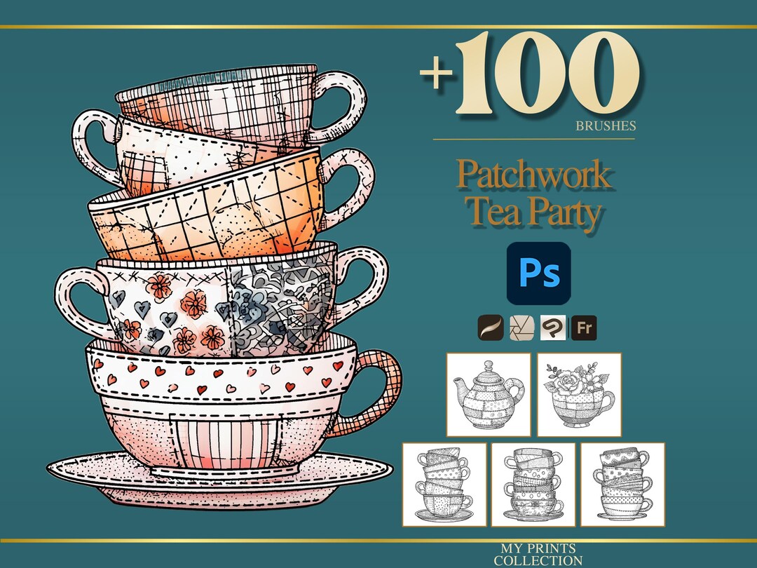 Tea Party Patchwork Photoshop Brushes & Procreate Stamps – 100+ Fashion ...