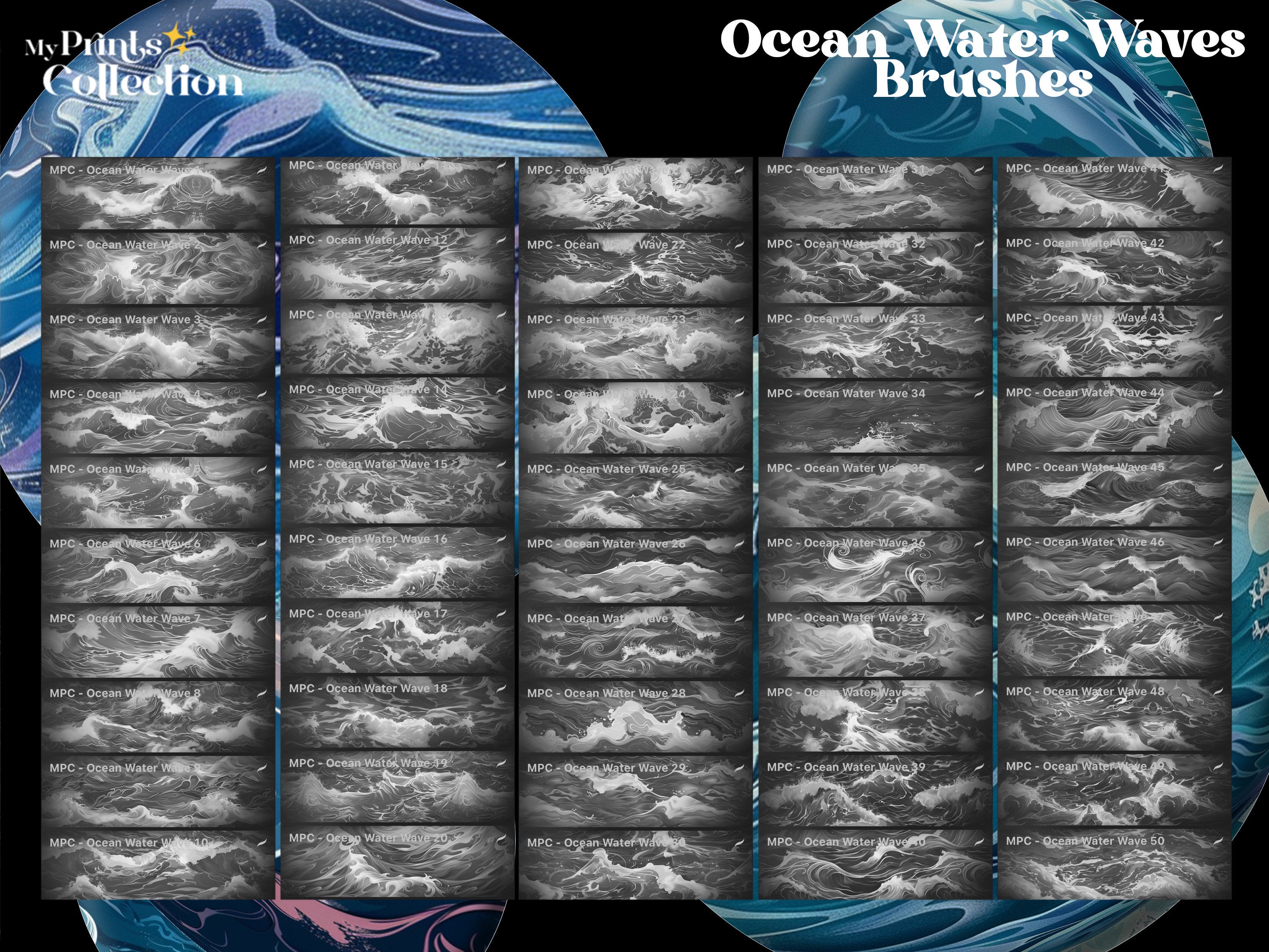 100+ Ocean Waves Procreate Brushes: Seamless Texture Overlays (digital ...