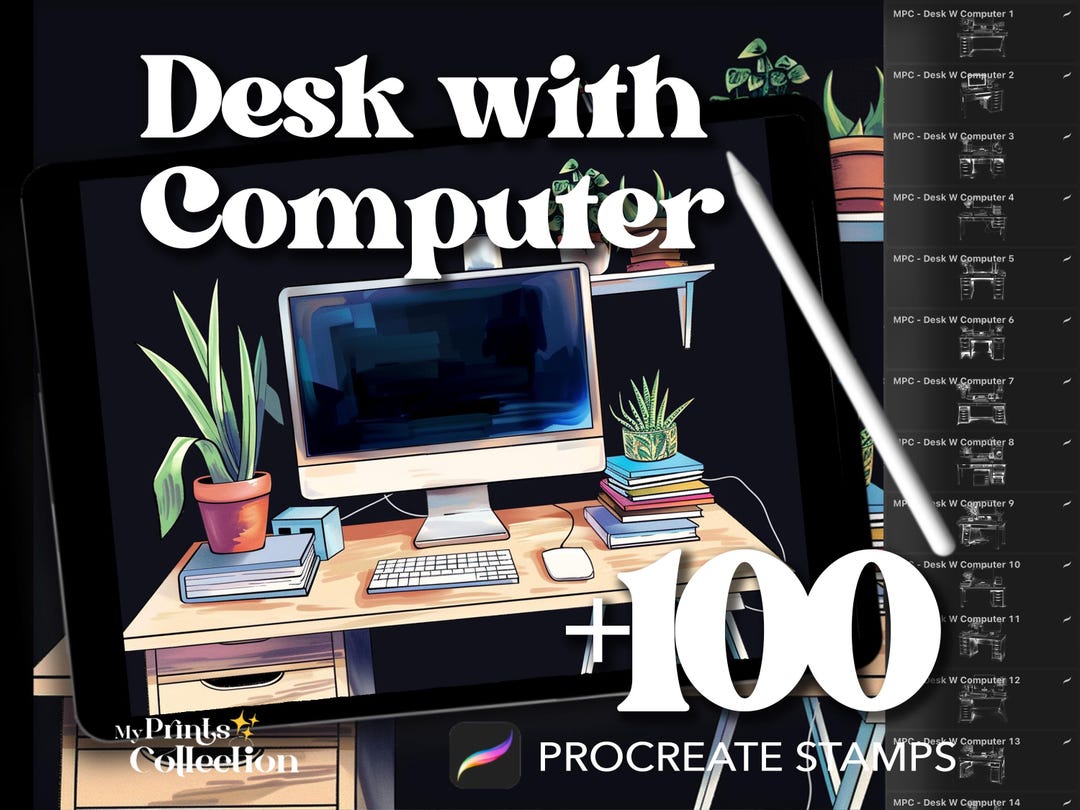 100+ Procreate Desk With Computer Stamps, Interior Design Decor Room ...