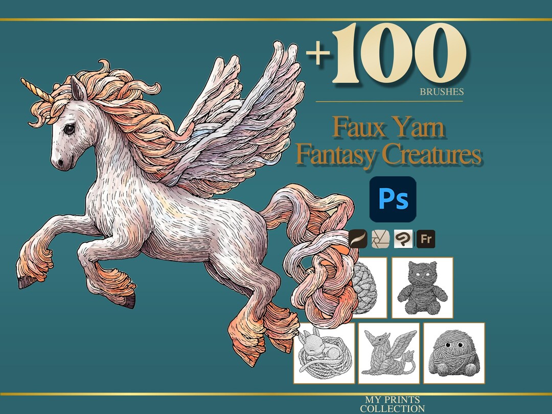 Faux Yarn Fantasy Creatures Photoshop Brushes & Procreate Stamps – 100 ...