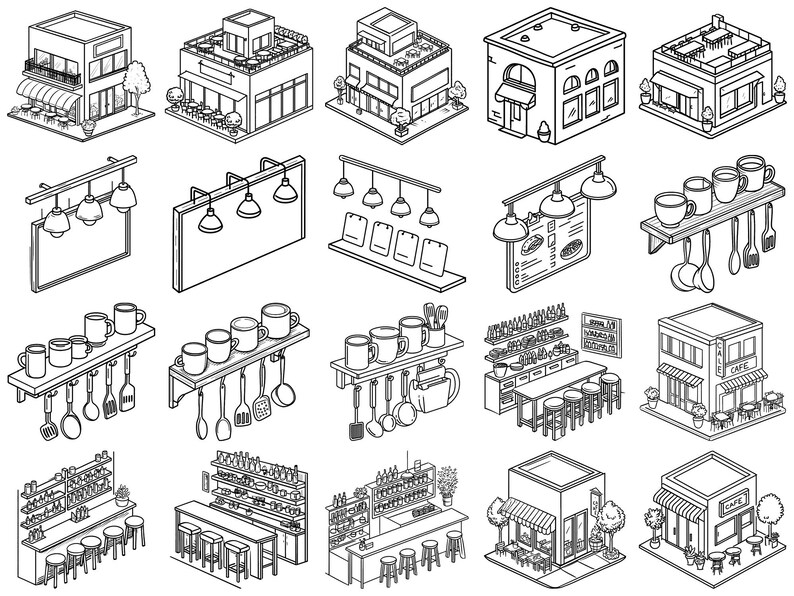 Isometric Cafe and Restaurant Builder PNG Bundle – 100+ Cricut ...