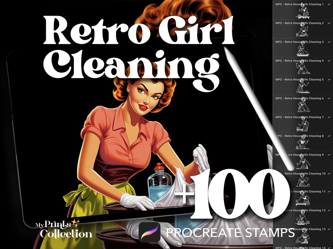 100+ Procreate Retro Girl Cleaning Stamps, Vintage People Figure Body ...