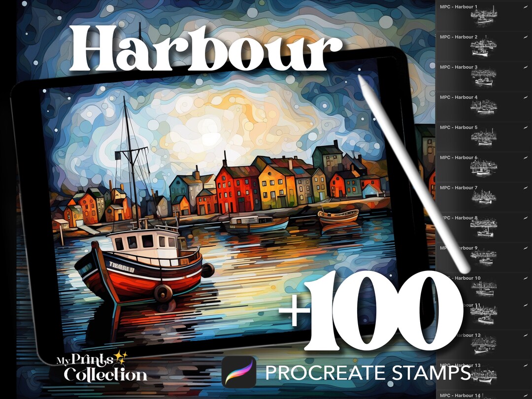 100 Procreate Harbour Stamps, Nature Water Boat Landscape DND Magical ...