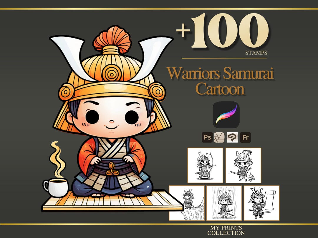 Samurai Warrior Cartoon Procreate Stamps & Photoshop Brushes – 100 ...