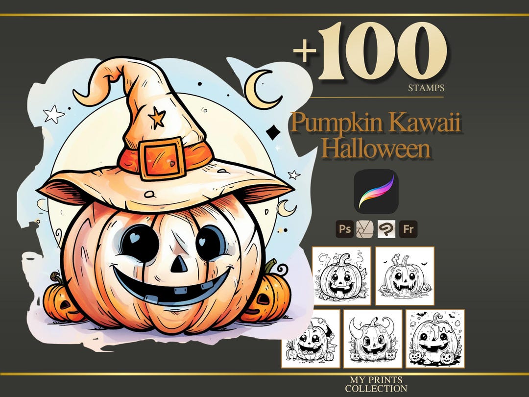 Pumpkin Kawaii Halloween Procreate Stamps & Photoshop Brushes – 100 ...